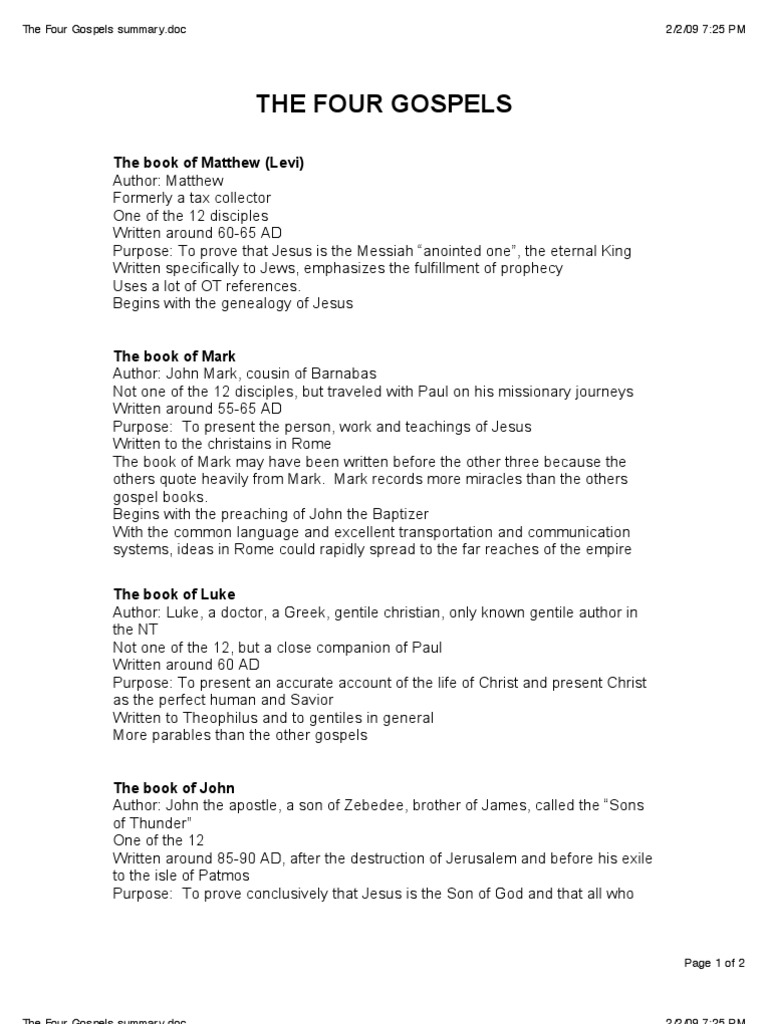 The Four Gospels Summary | PDF | Gospel Of Mark | Jesus