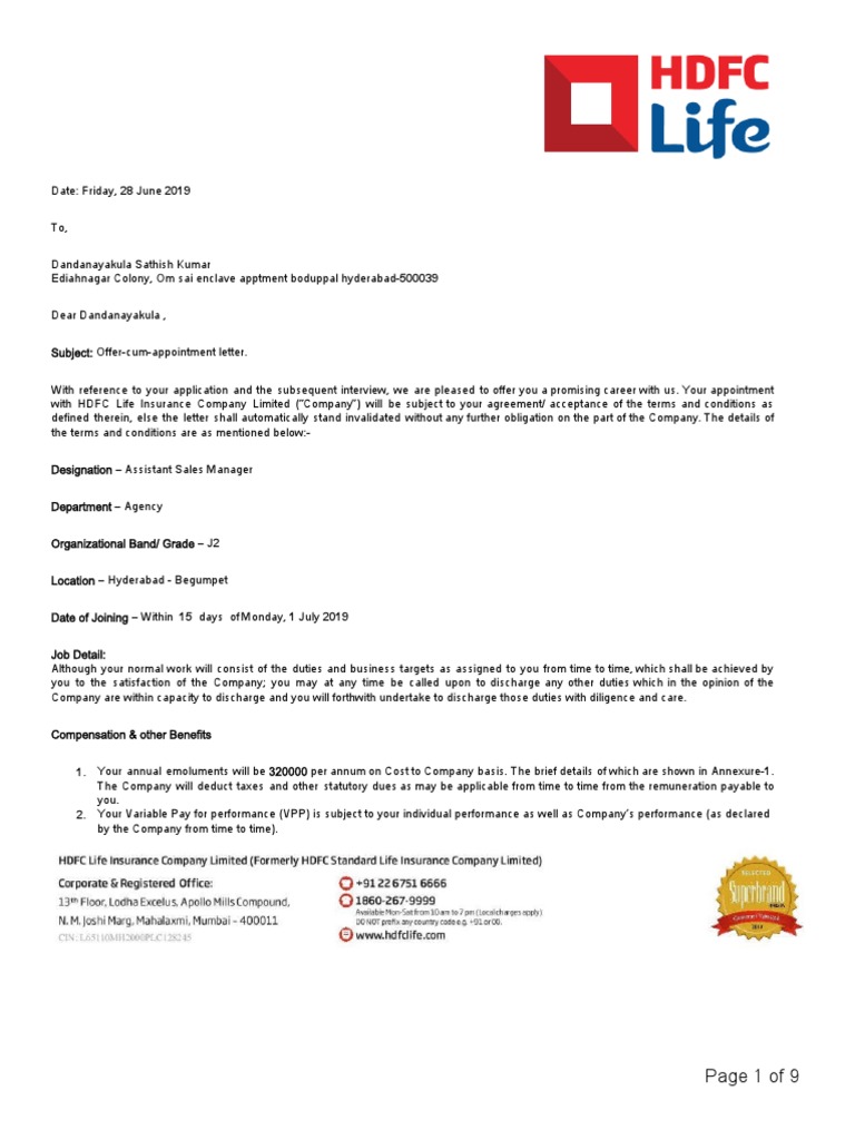 OfferLetter | PDF | Employment | Insurance