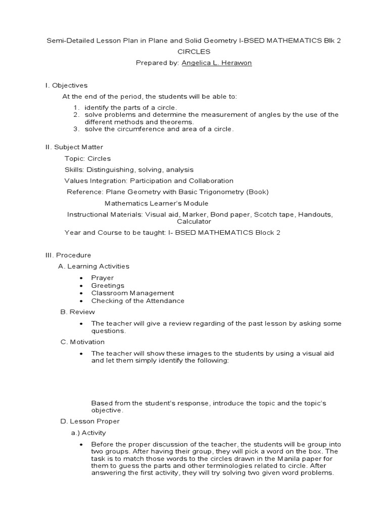 Semi Detailed Lesson Plan in Plane and Solid Geometry I | PDF | Circle ...