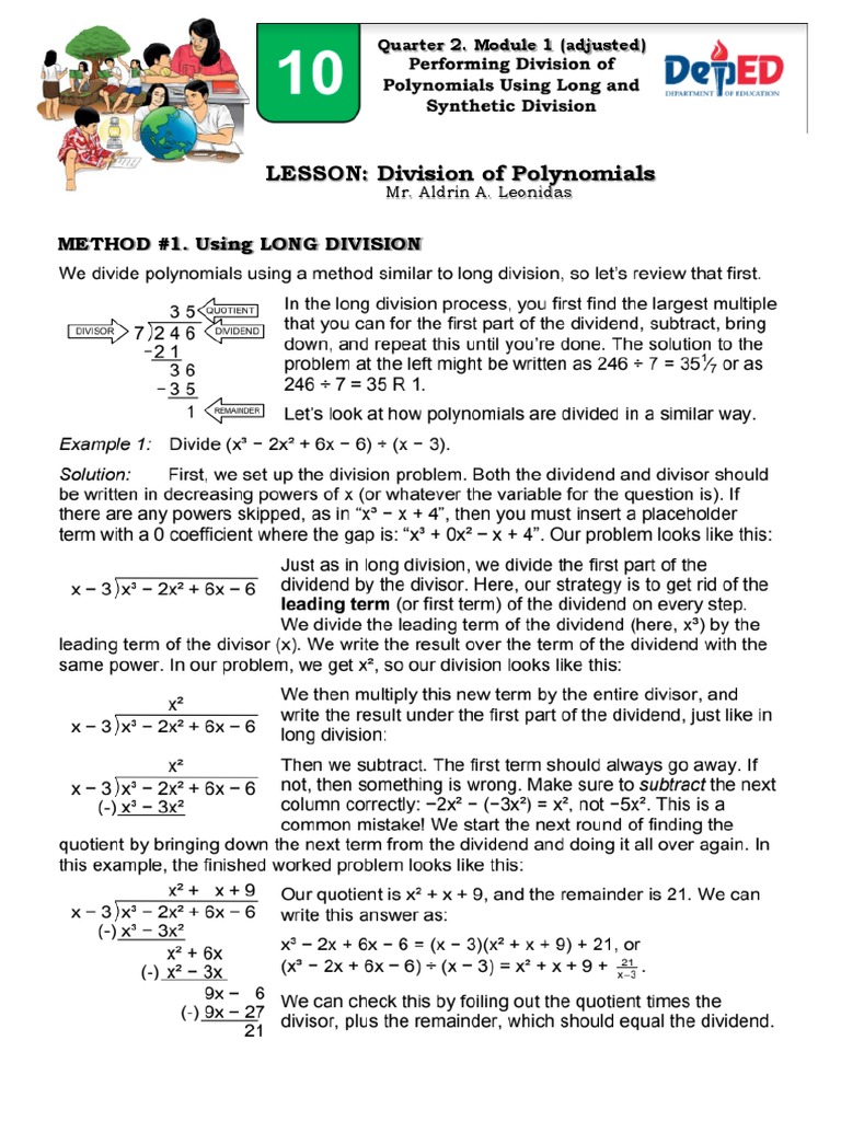LESSON: Division of Polynomials: Method #1. Using Long Division | PDF ...