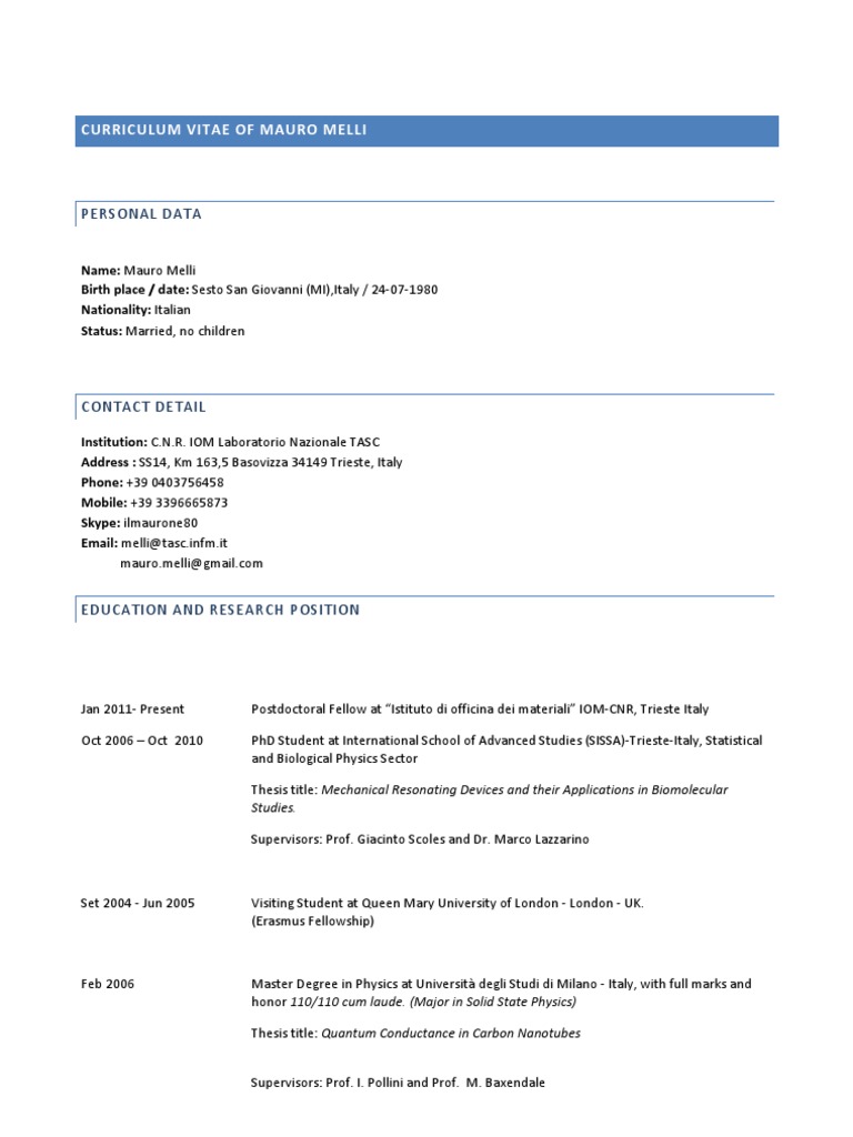 Personal Data: Curriculum Vitae of Mauro Melli | PDF | Nanotechnology | Microstructure