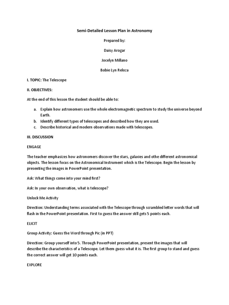 Semi-Detailed Lesson Plan in Astronomy: I. TOPIC: The Telescope Ii ...