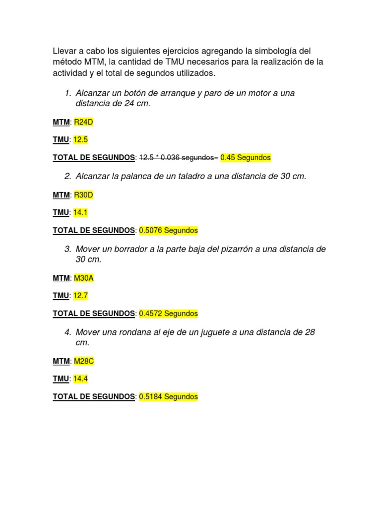 Ejercicios MTM: Cálculo de TMU y Tiempos | PDF