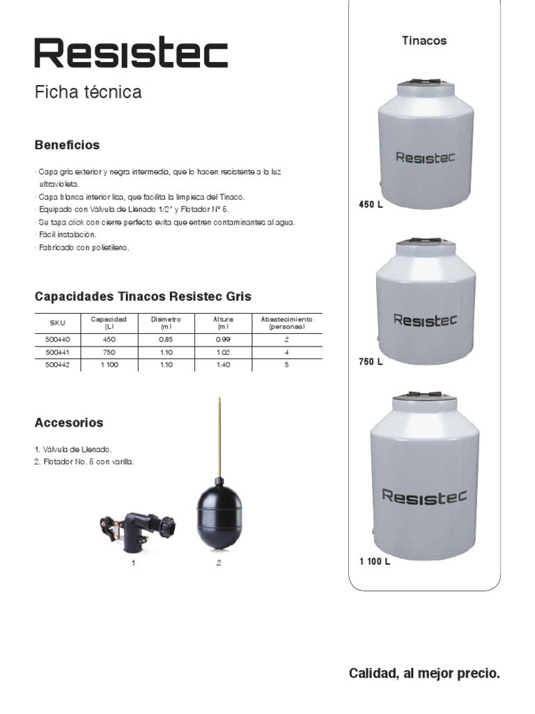 Capacidades y Ficha Técnica Tinaco Resistec 1100L | PDF