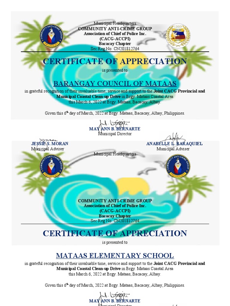 Certificates for Coastal Clean-up Drive | PDF