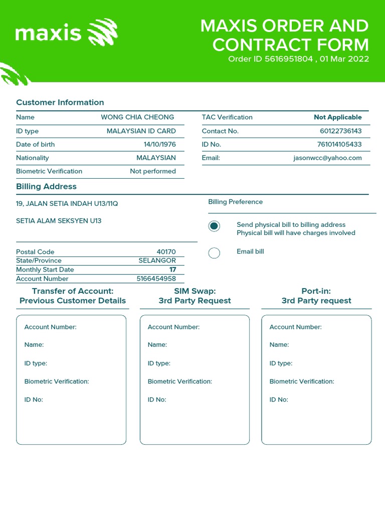 Maxis Order and Contract Form: Customer Information | PDF | Fiber To ...