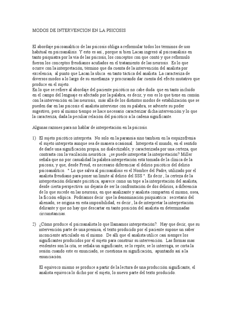 Modos de Intervencion en La Psicosis | PDF | Psicosis | Psicoanálisis