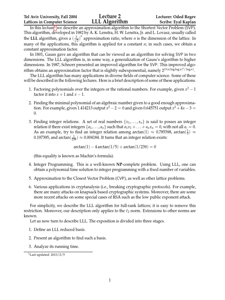 LLL Algorithm: Tel Aviv University, Fall 2004 Lattices in Computer ...