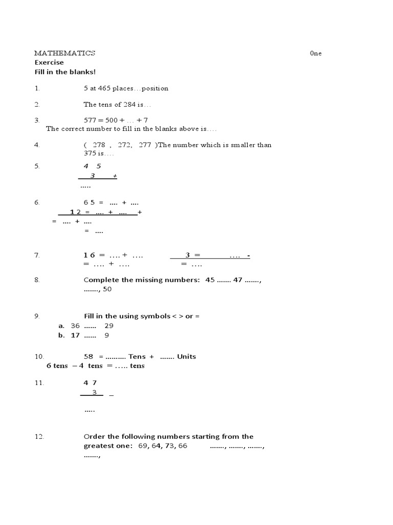 Exercise of Mathematics (First Grade) | PDF