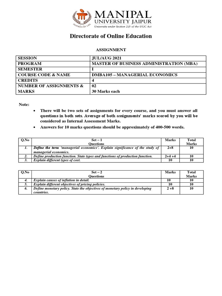 Assignment - DMBA105 - MBA 1 - Set-1 and 2 - Nov - 2021 | PDF