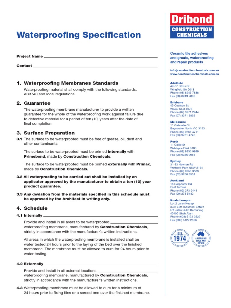 Waterproofing Specification Guide | PDF | Shower | Building Technology
