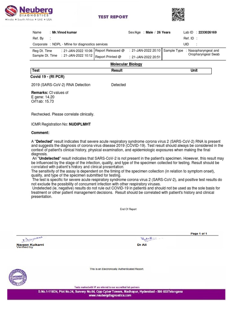 Molecular Biology Test Result Unit Covid 19 - (RT PCR) : End of Report ...