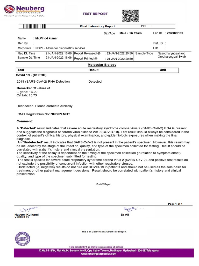 Molecular Biology Test Result Unit Covid 19 - (RT PCR) : End of Report ...