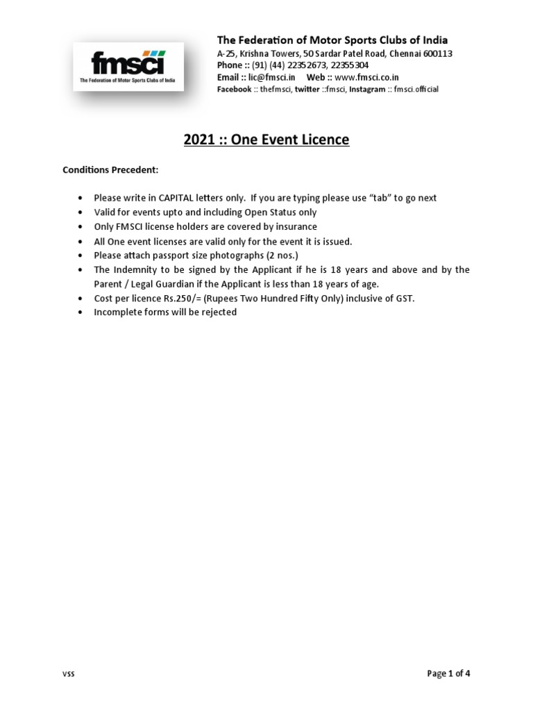 FMSCI One Event License Application Guide | PDF | Indemnity | Justice