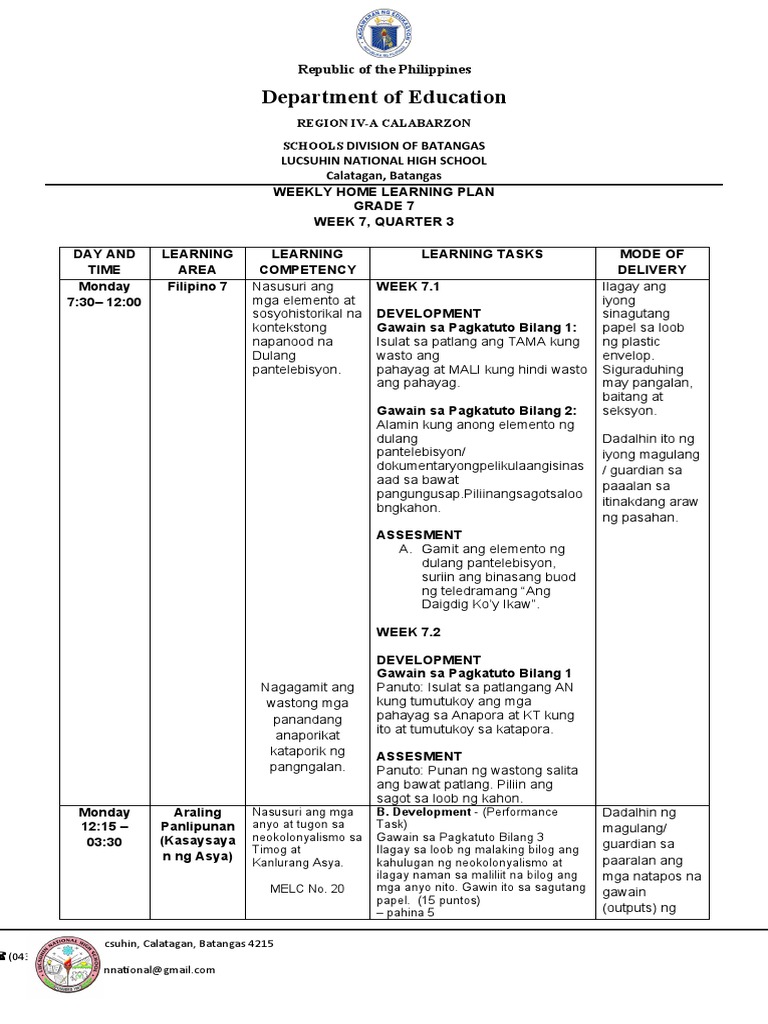 Grade 7 Weekly Home Learning Plan | PDF