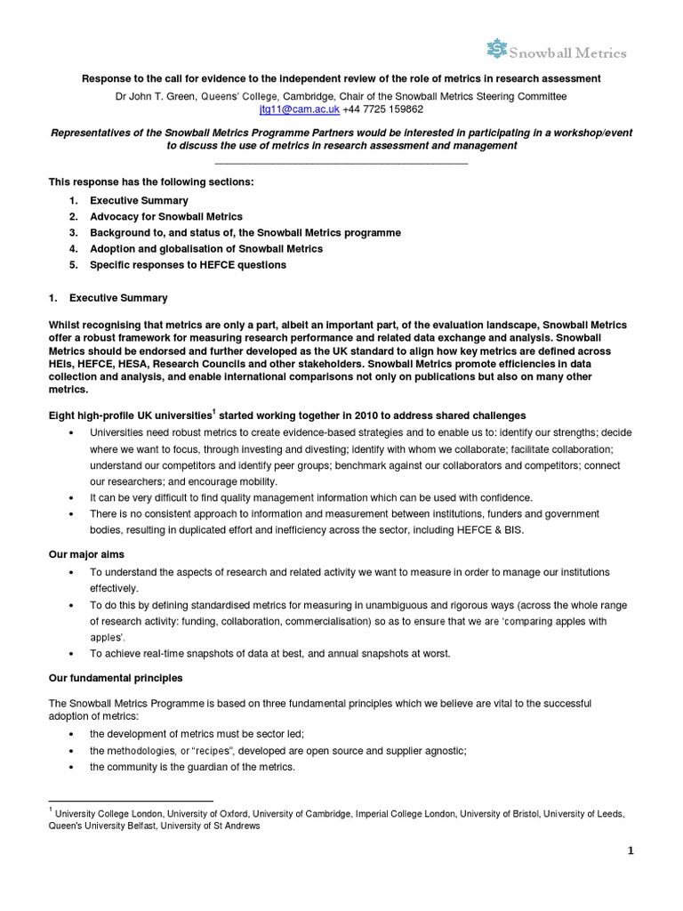 Snowball Response To HEFCE Review On Metrics 300614F | PDF | Science ...
