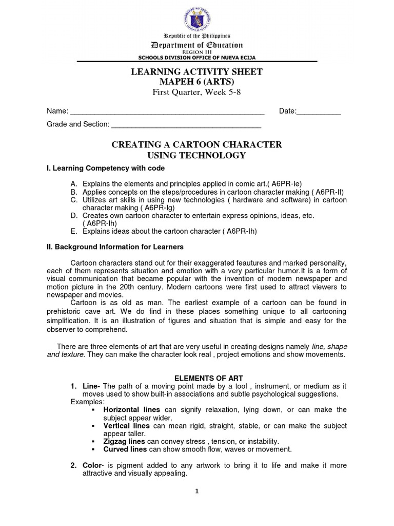 ARTS 6 - LAS - Q1 - Week 5-8 - CREATING A CARTOON CHARACTER | PDF ...