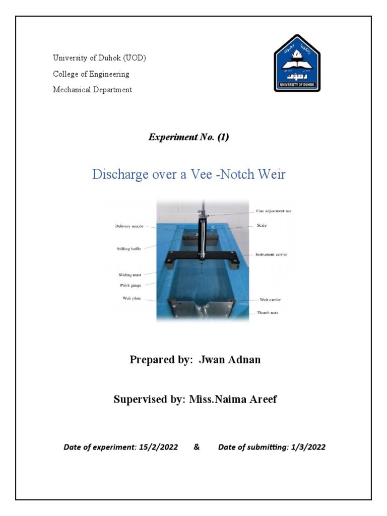 Discharge Over A Vee - Notch Weir: Experiment No. | PDF | Flow Measurement | Discharge (Hydrology)