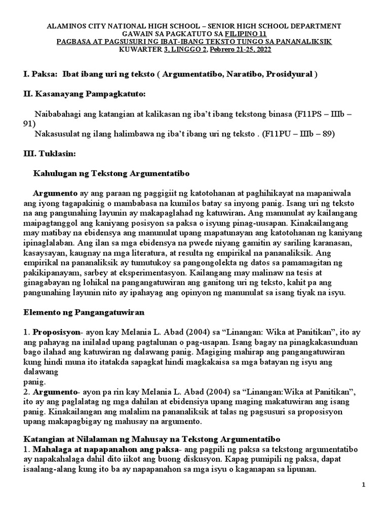 Activitysheet Filipino 11 Pagbasa Q3week2 1 | PDF