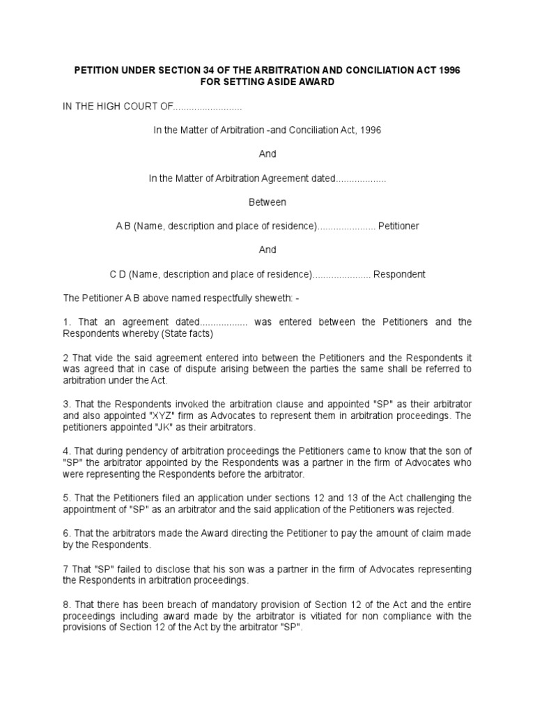 Petition Under Section 34 of The Arbitration and Conciliation Act 1996 ...