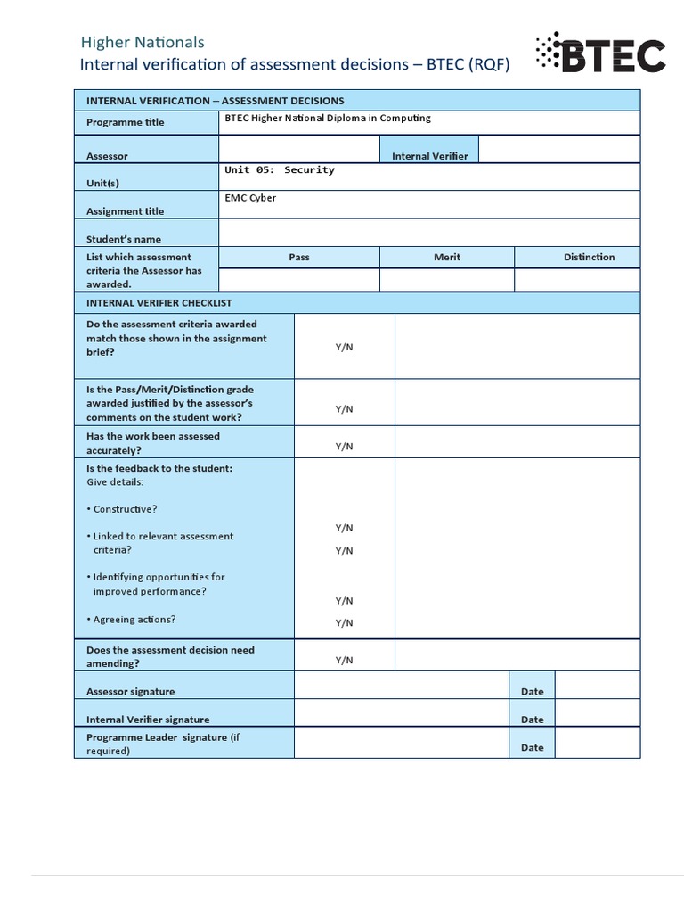 Internal Verification of Assessment Decisions - BTEC (RQF) : Higher Nationals | PDF | Computer ...