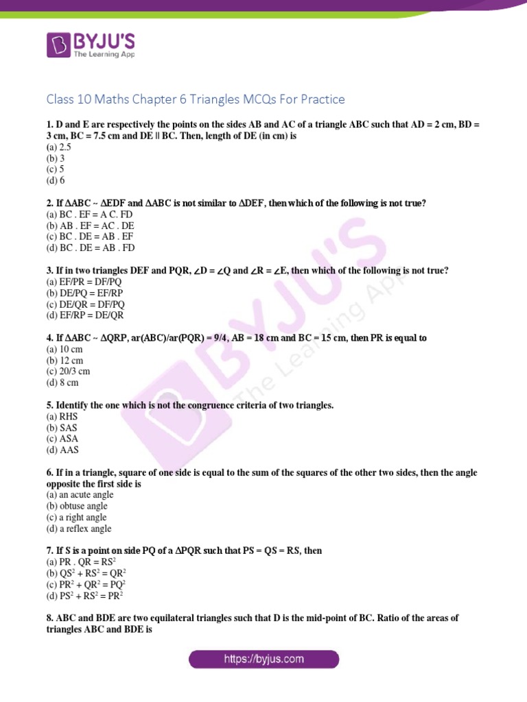 Class 10 Triangles MCQs with Answers | PDF | Technology & Engineering