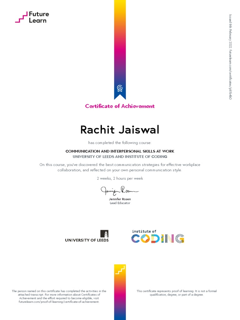 Rachit Jaiswal: Certificate of Achievement | PDF | Communication | Cognition