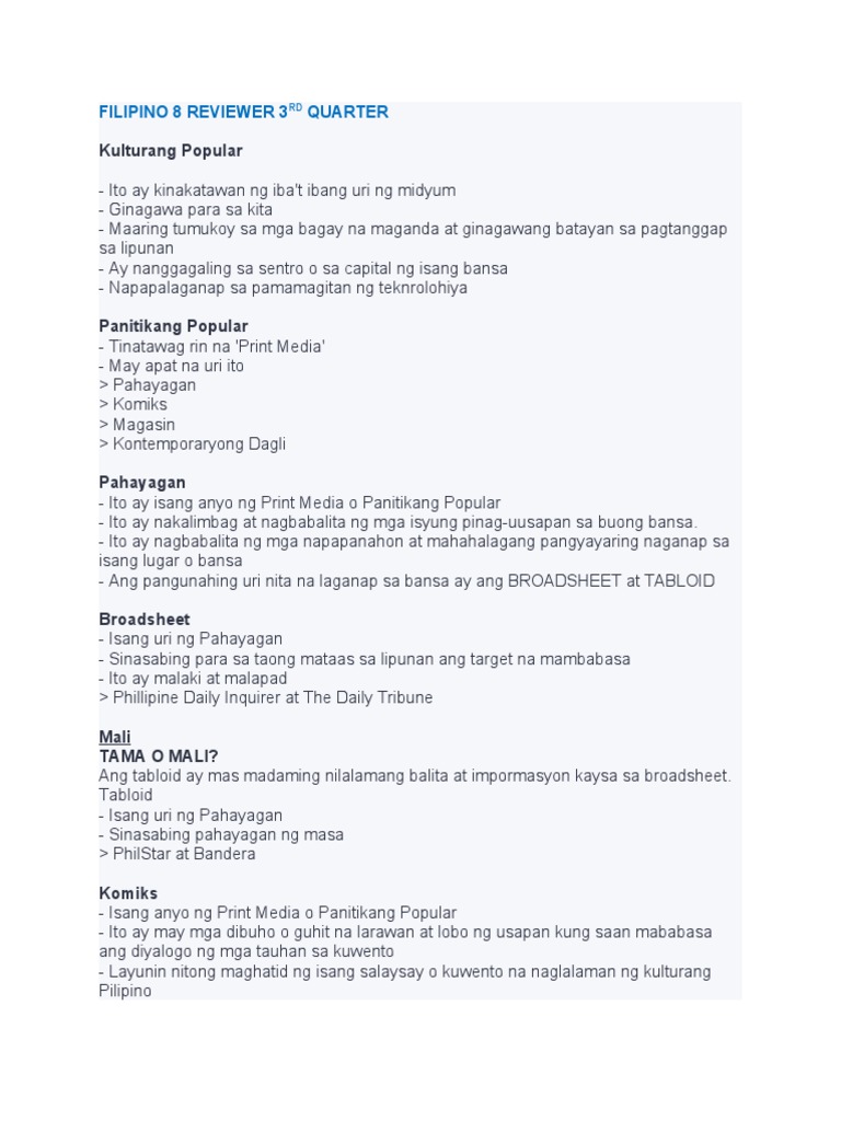 Reviewer Sa Filipino 8 | PDF