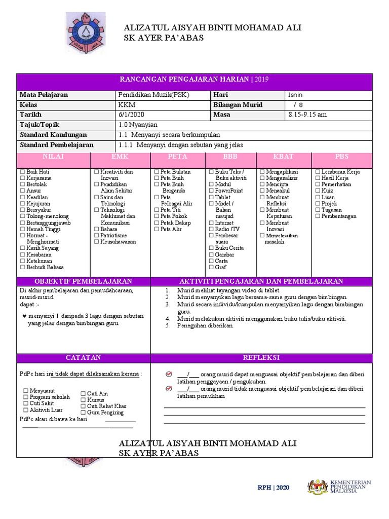 Contoh RPH Ppki Muzik Tahun 3, Matematik Tahun 3 Dan 4, Pengurusan ...