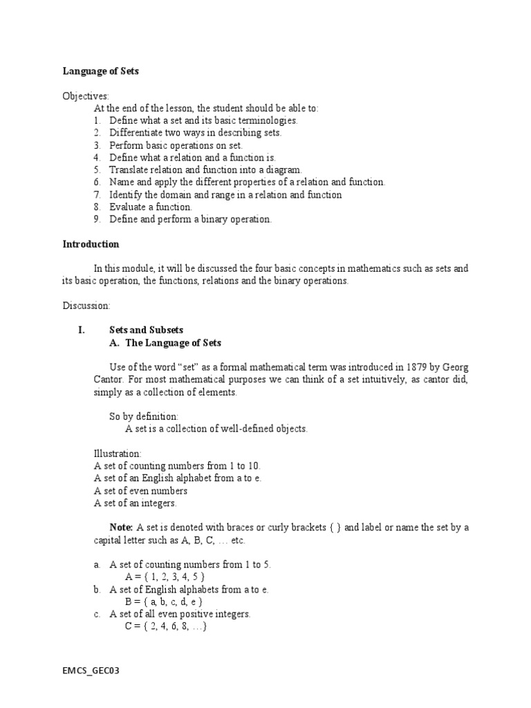 Language of Sets | PDF | Set (Mathematics) | Function (Mathematics)