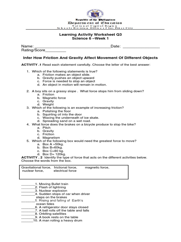 Learning Activity Worksheet Q3 Science 6 - Week 1 | PDF | Friction | Force