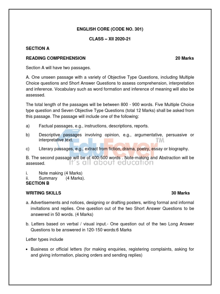 Class 12 English Core Syllabus | PDF | Reading Comprehension | Cognition