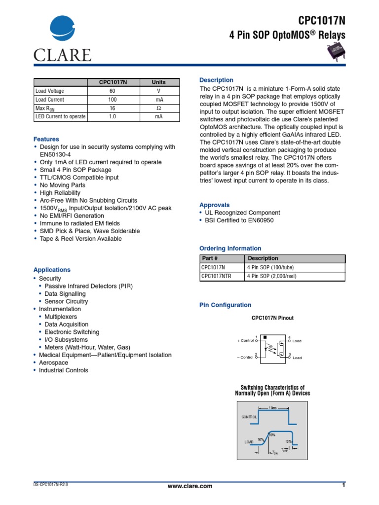 Cpc1017N: 4 Pin Sop Optomos Relays | PDF | Relay | Electrical Engineering