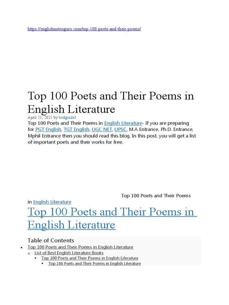 Top 100 Poets and Their Poems in English Literature | PDF | English ...
