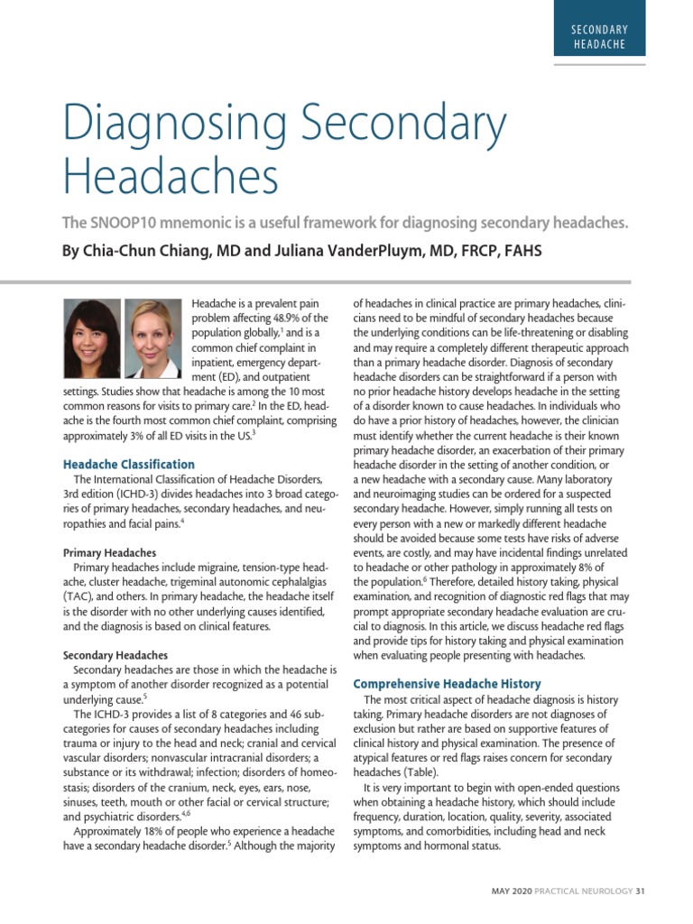 Diagnosing Secondary Headaches (Practical Neurology) (2020 - 05) | PDF | Headache | Neurology