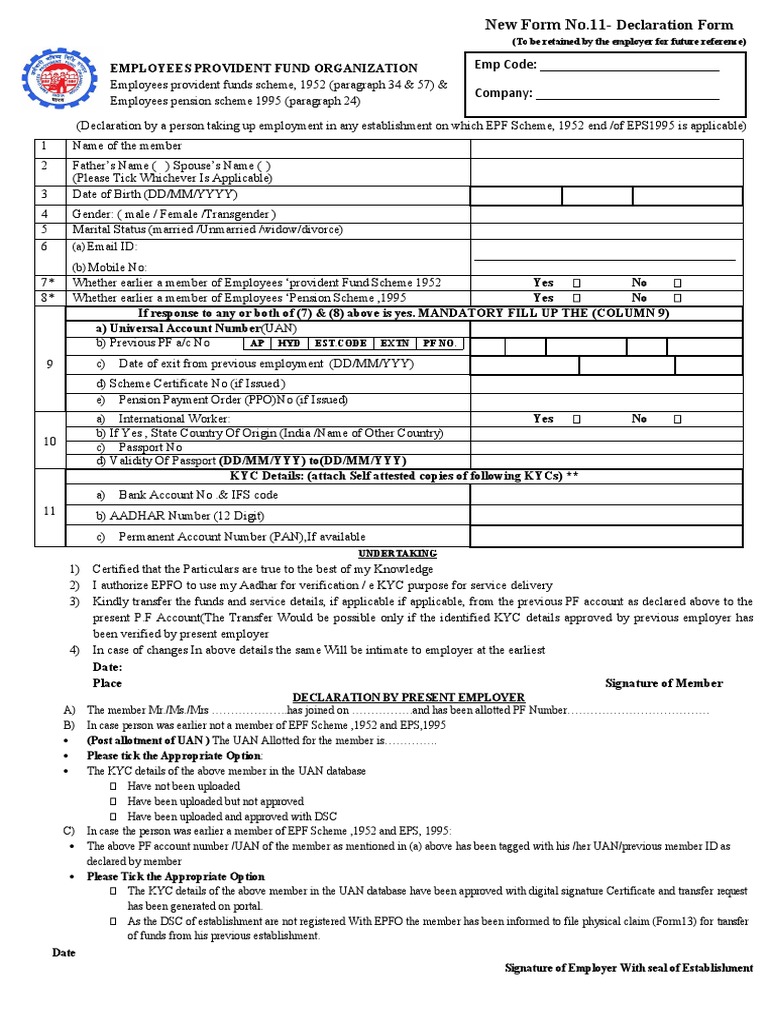 PF Form11 & Declaration Form | PDF