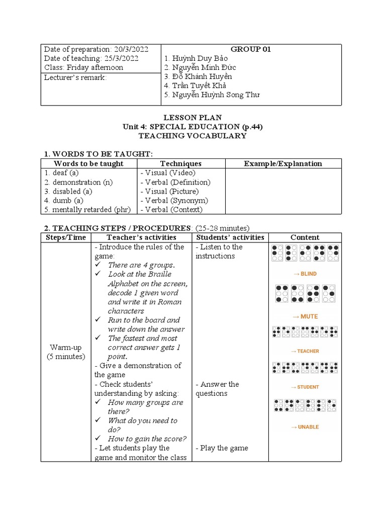 Lesson Plan for Teaching Special Education Vocabulary to Friday ...