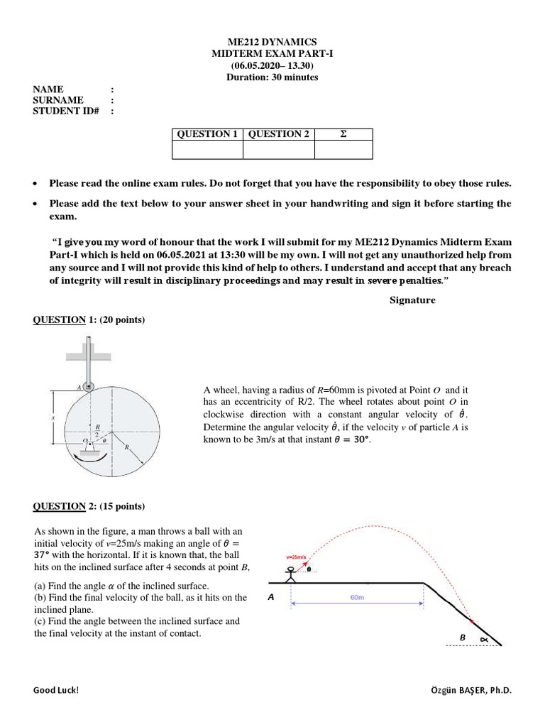 Dynamics Midterm Exam Part 1 | PDF