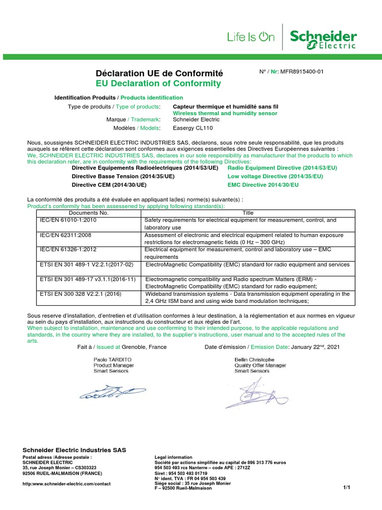 Declaration of Conformity for the Easergy CL110 Wireless Thermal and ...