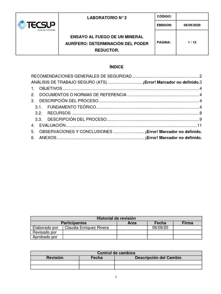 Guía de Laboratorio 2 Ensayo Al Fuego de Un Mineral Aurífero ...