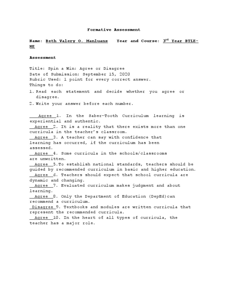 Week 1 Formative Assessment | PDF | Curriculum | Teachers