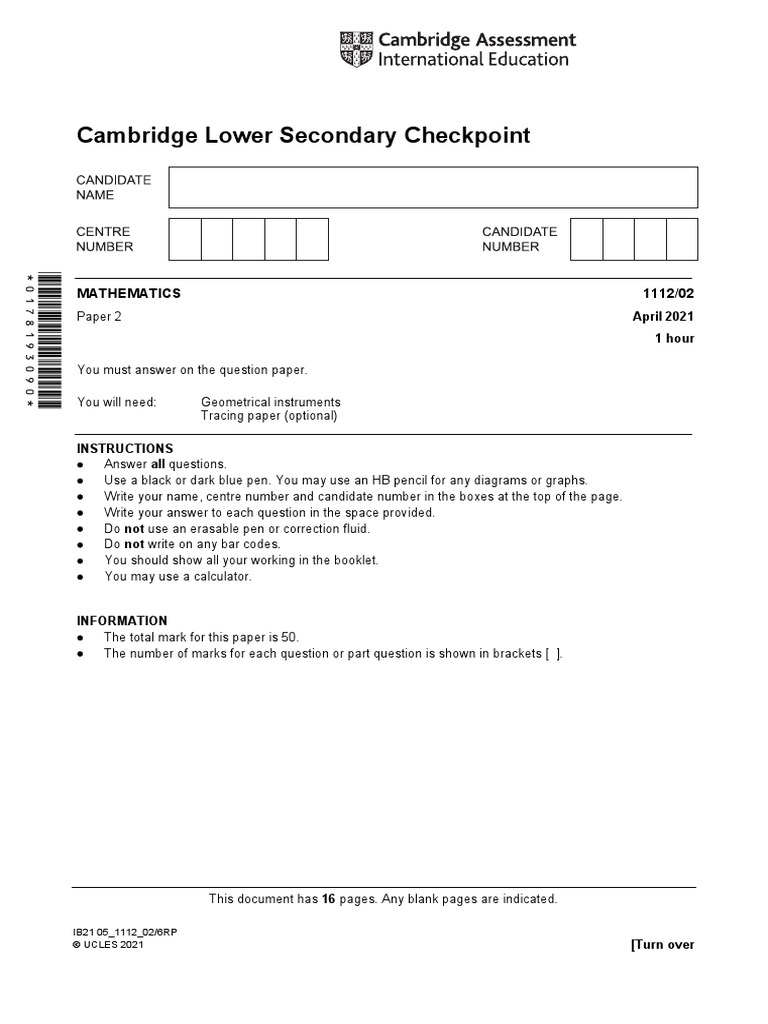 Cambridge Secondary Checkpoint - Mathematics - April 2021 Paper 2 | PDF ...