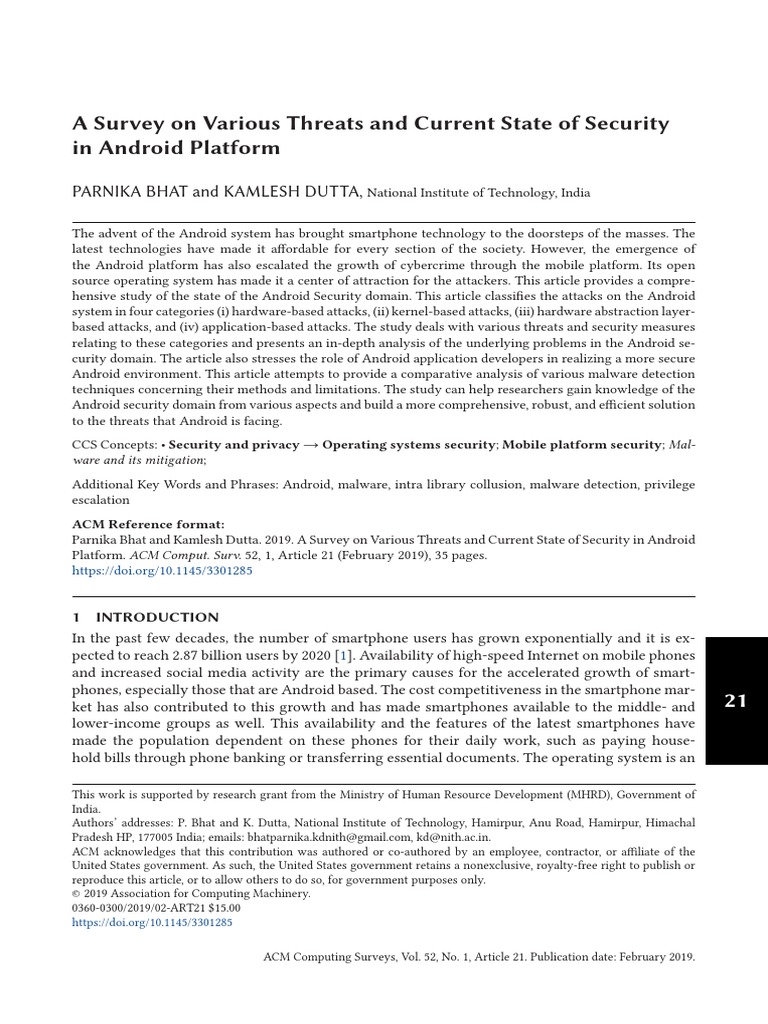 A Survey On Various Threats And Current State Of Security In Android
