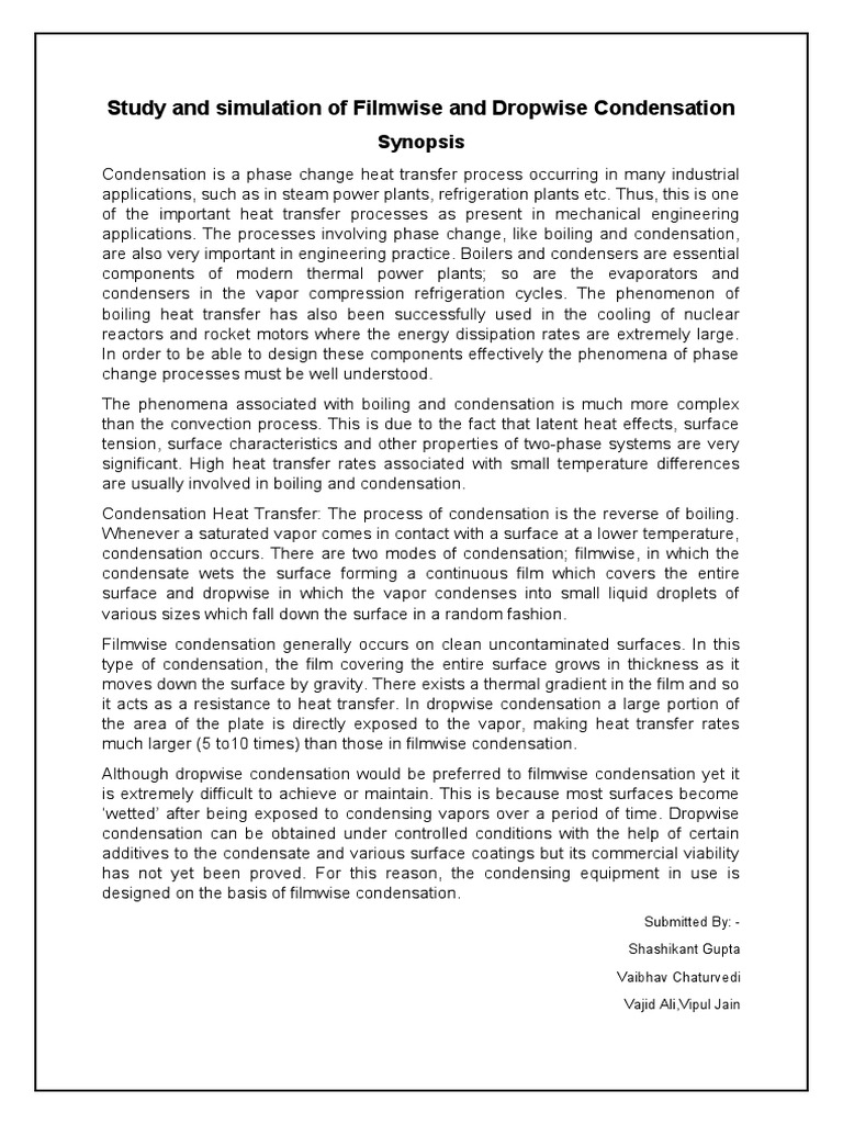 Study and Simulation of Filmwise and Dropwise Condensation: Synopsis ...