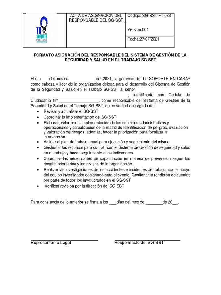 Asignación Responsable SG-SST 2021 | PDF | Negocios | Finanzas y dinero