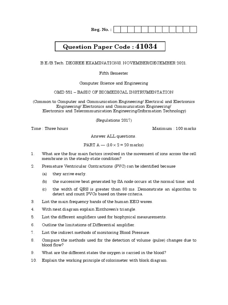 OMD 551 – Basic of Biomedical Instrumentation: Question Paper and ...