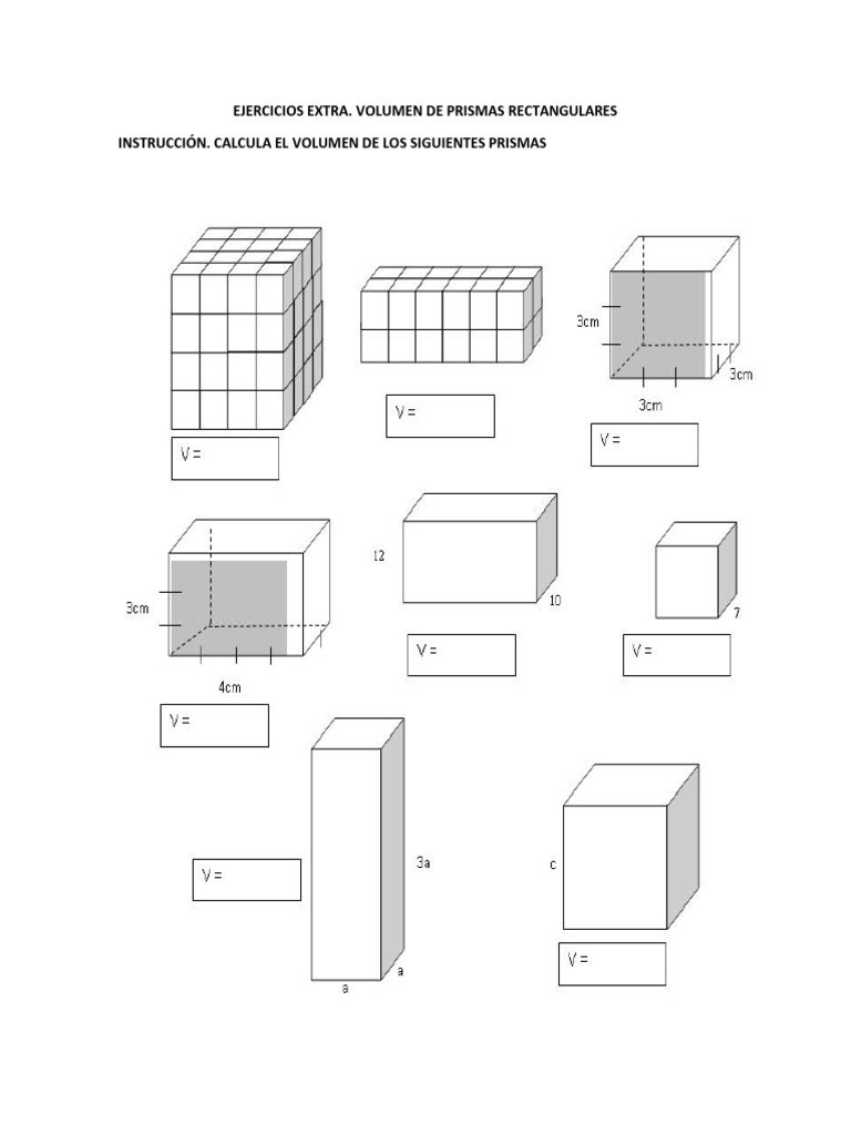 Ejercicios Extra. Volumen de Prismas Rectangulares | PDF