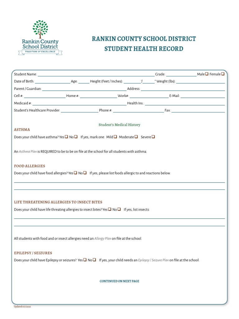 Student Health Record Form | PDF