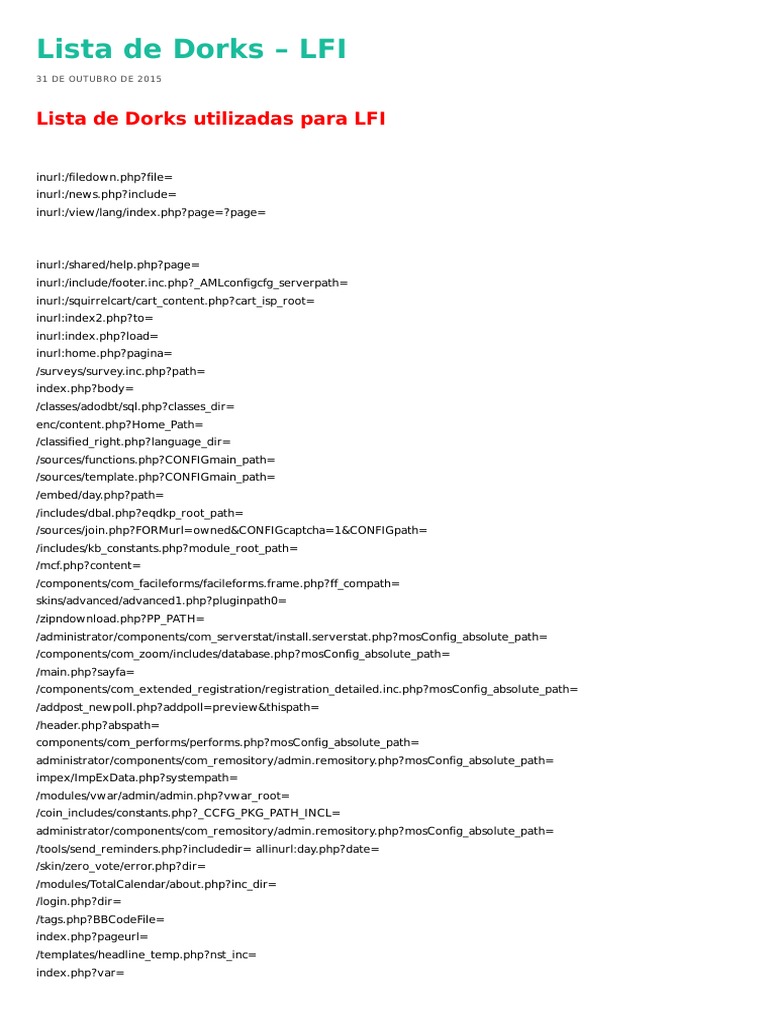 Lista de Dorks Utilizadas para LFI | PDF | Interoperability | Intertextuality