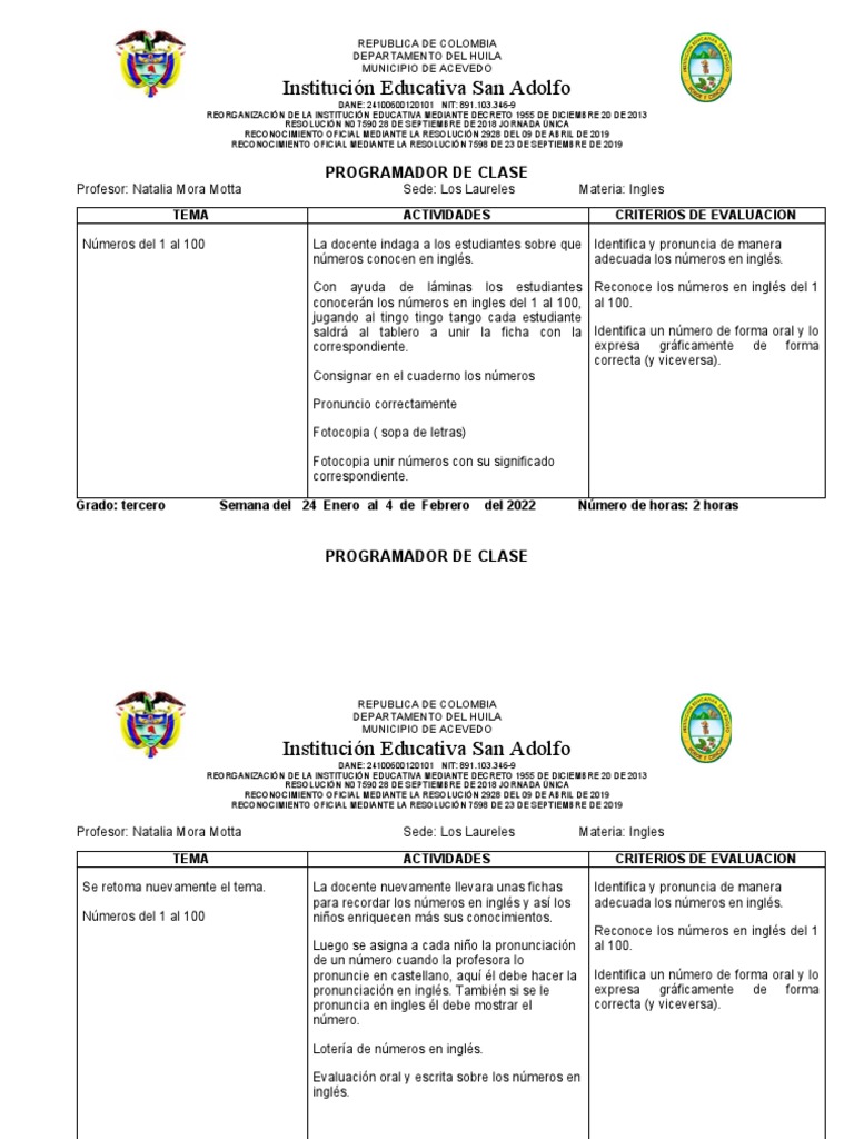 Programador de Clase Ingles Grado Tercero | PDF | Lingüística | Cognición